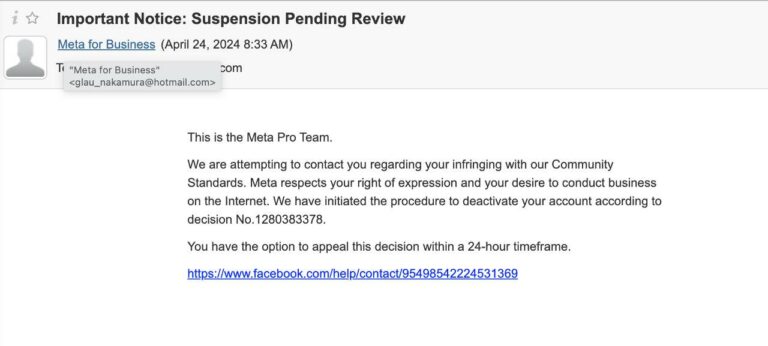 Scam! Meta Important Notice: Suspension Pending Review