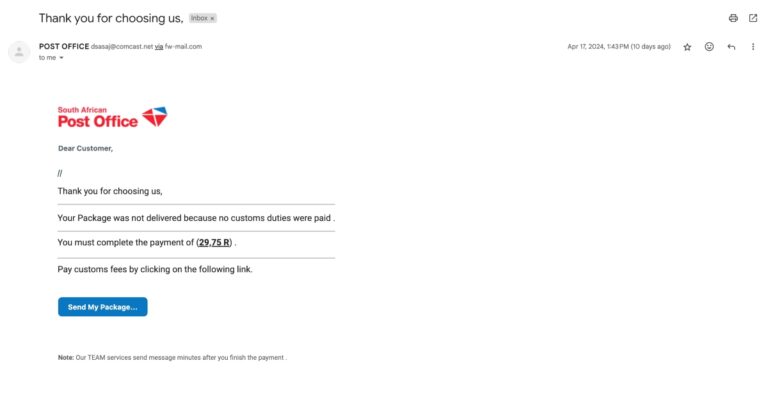 Post Office, Thank you for choosing us - Email Scam